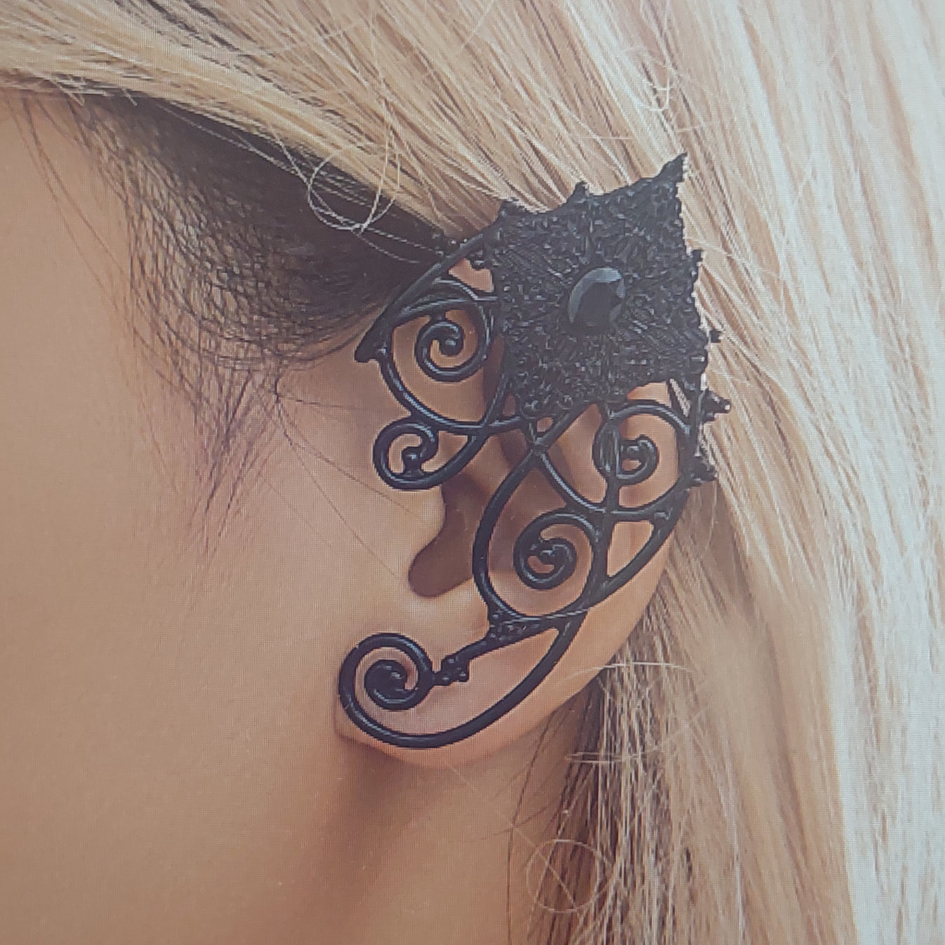 Gothic Elf Ear Cuffs - Black Crystal Earrings for Cosplay & Halloween ...