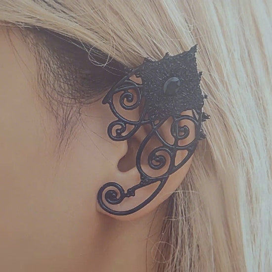 Gothic Elf Ear Cuffs - Black Crystal Earrings for Cosplay & Halloween ...